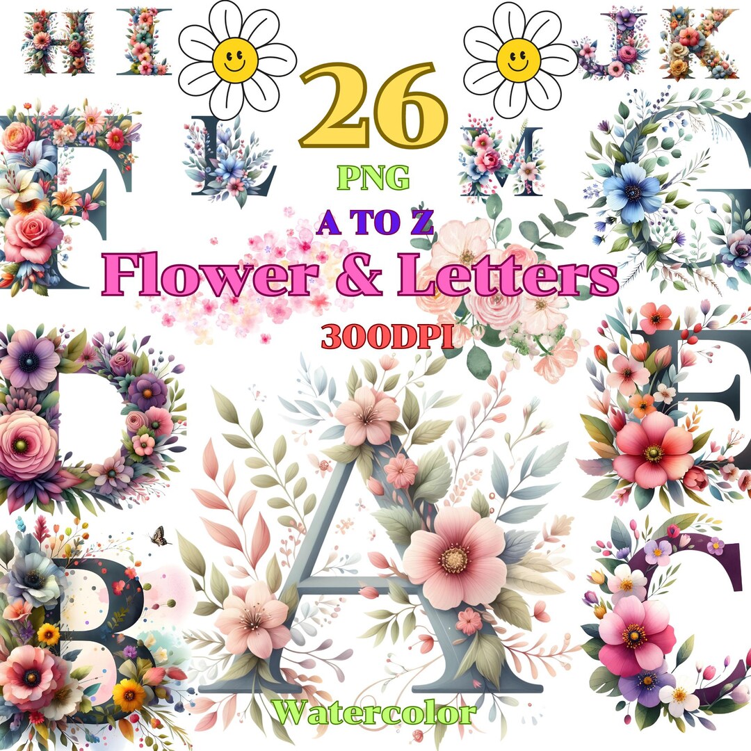 Floral Alphabet Clipart: 26 PNG Flower Letters A-Z (digital Download ...