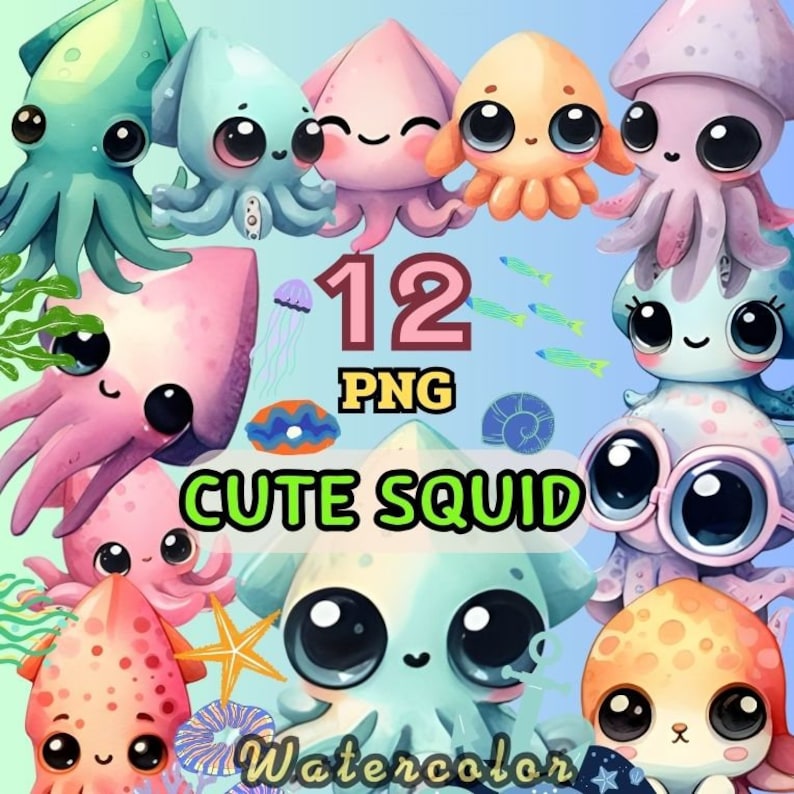 Cute Squid Watercolor PNG Set - 12 High-resolution Clipart Images for ...