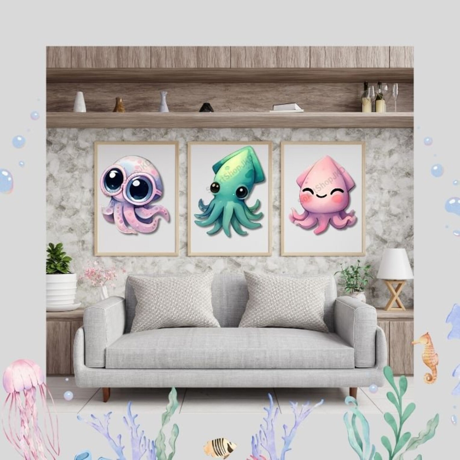 Cute Squid Watercolor PNG Set - 12 High-resolution Clipart Images for ...