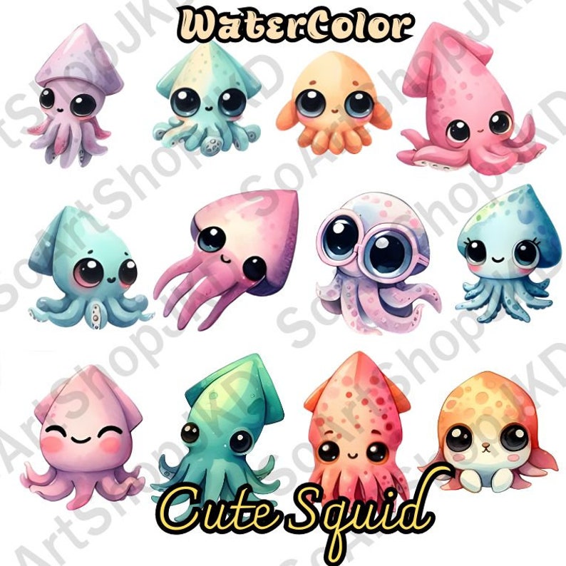 Cute Squid Watercolor PNG Set - 12 High-resolution Clipart Images for ...