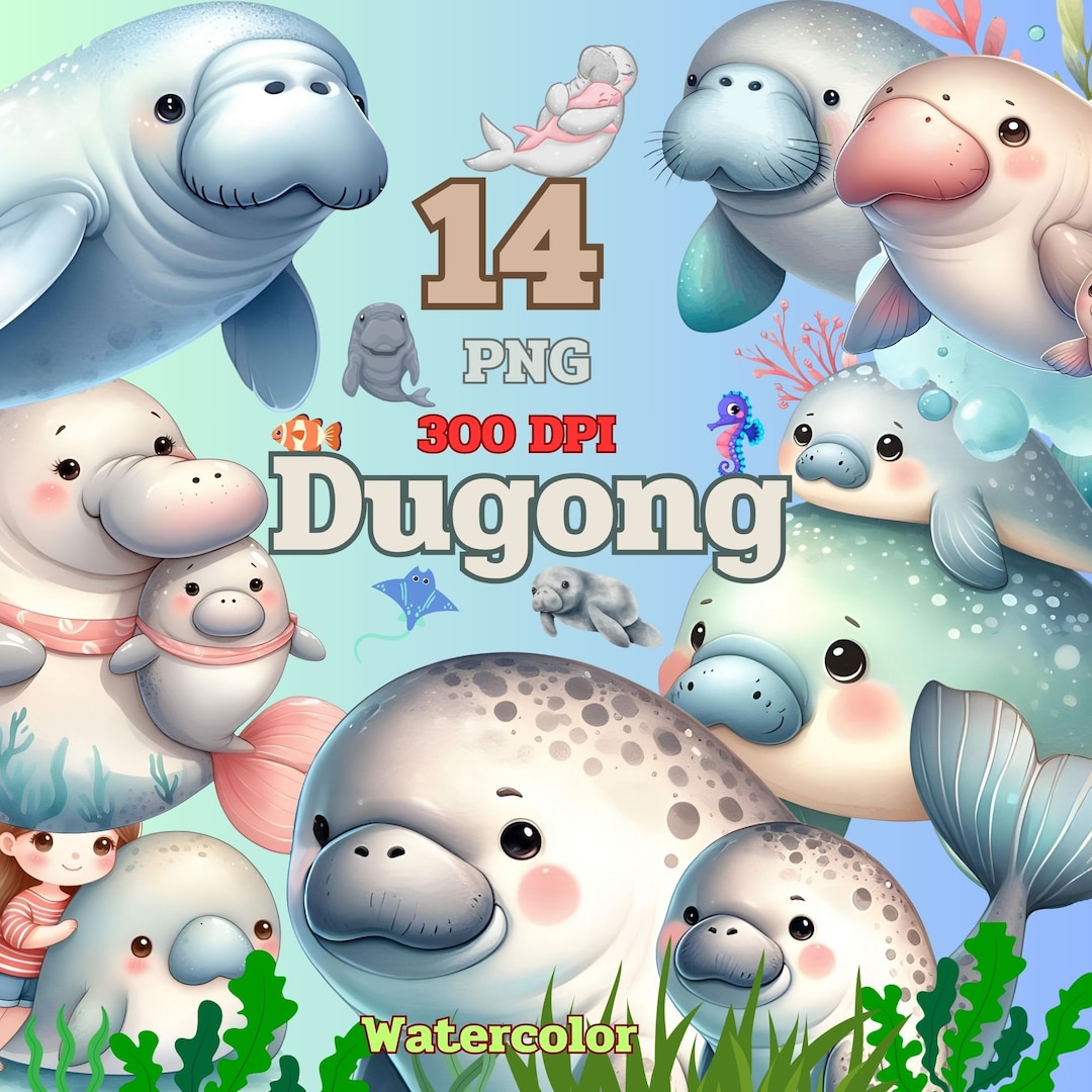 Dugong Clipart: 14 PNG Underwater Graphics, Ocean-themed Projects - Etsy