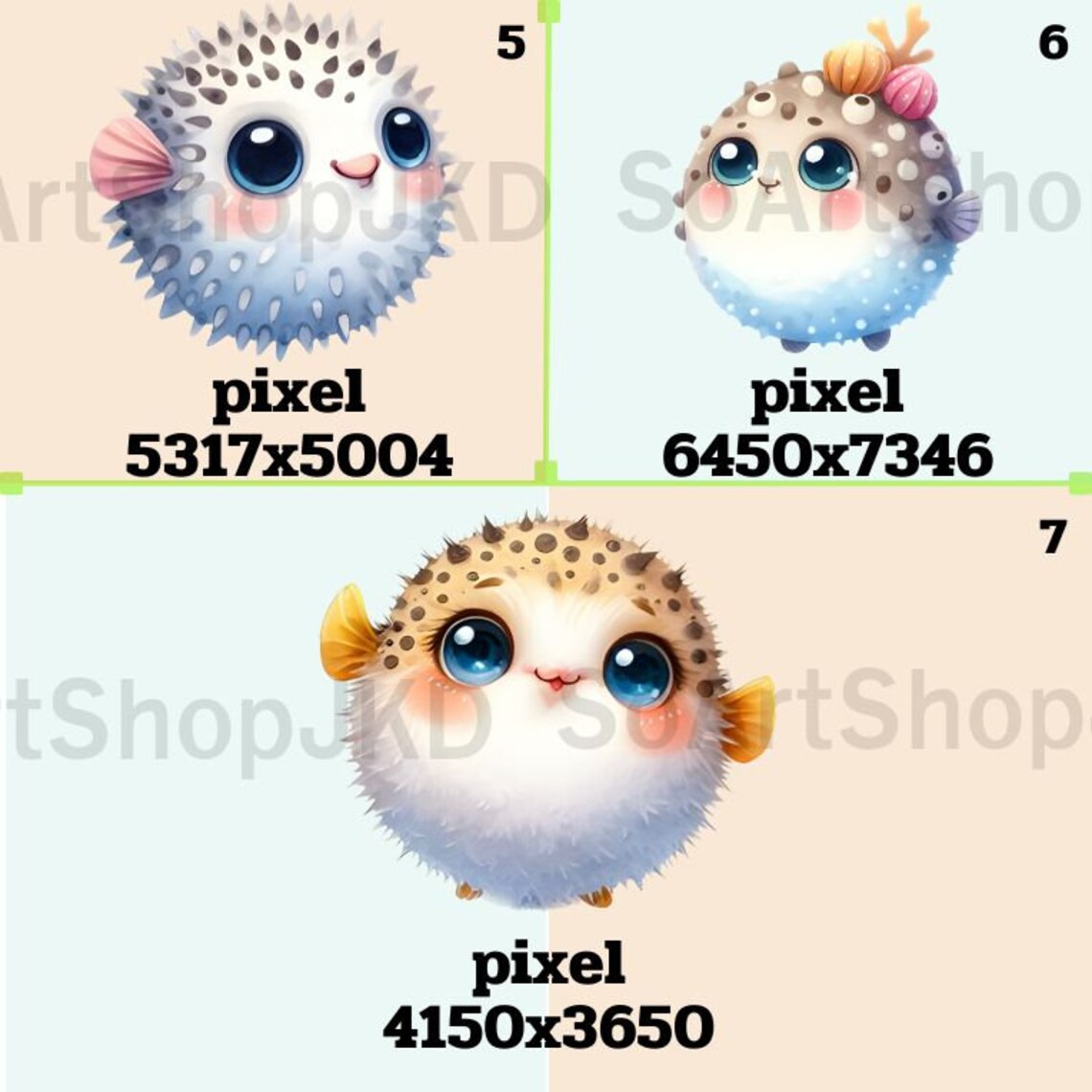 Watercolor Cute Puffer Fish Clipart, Set of 7 Pngs - Etsy