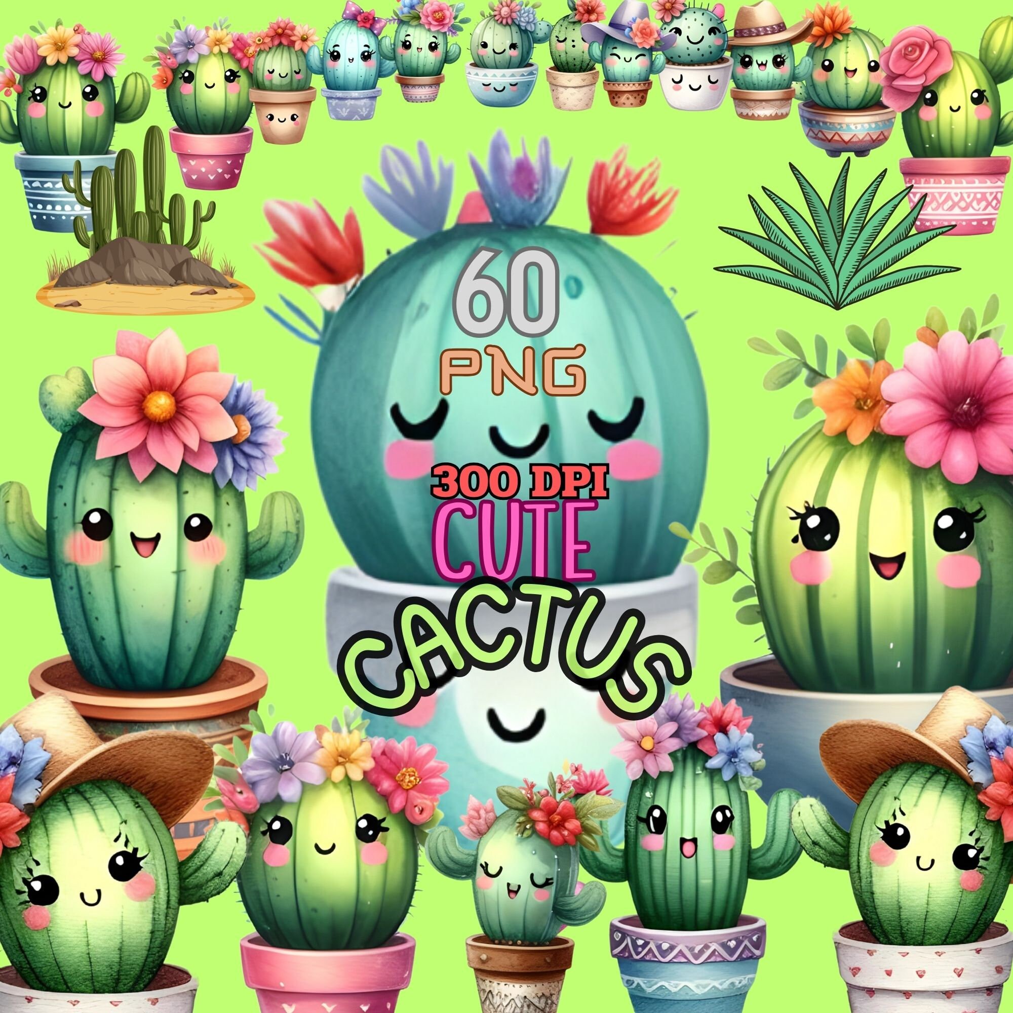 Cactus Cuties Bundle: 60 Adorable PNG Cliparts - Whimsical Desert ...
