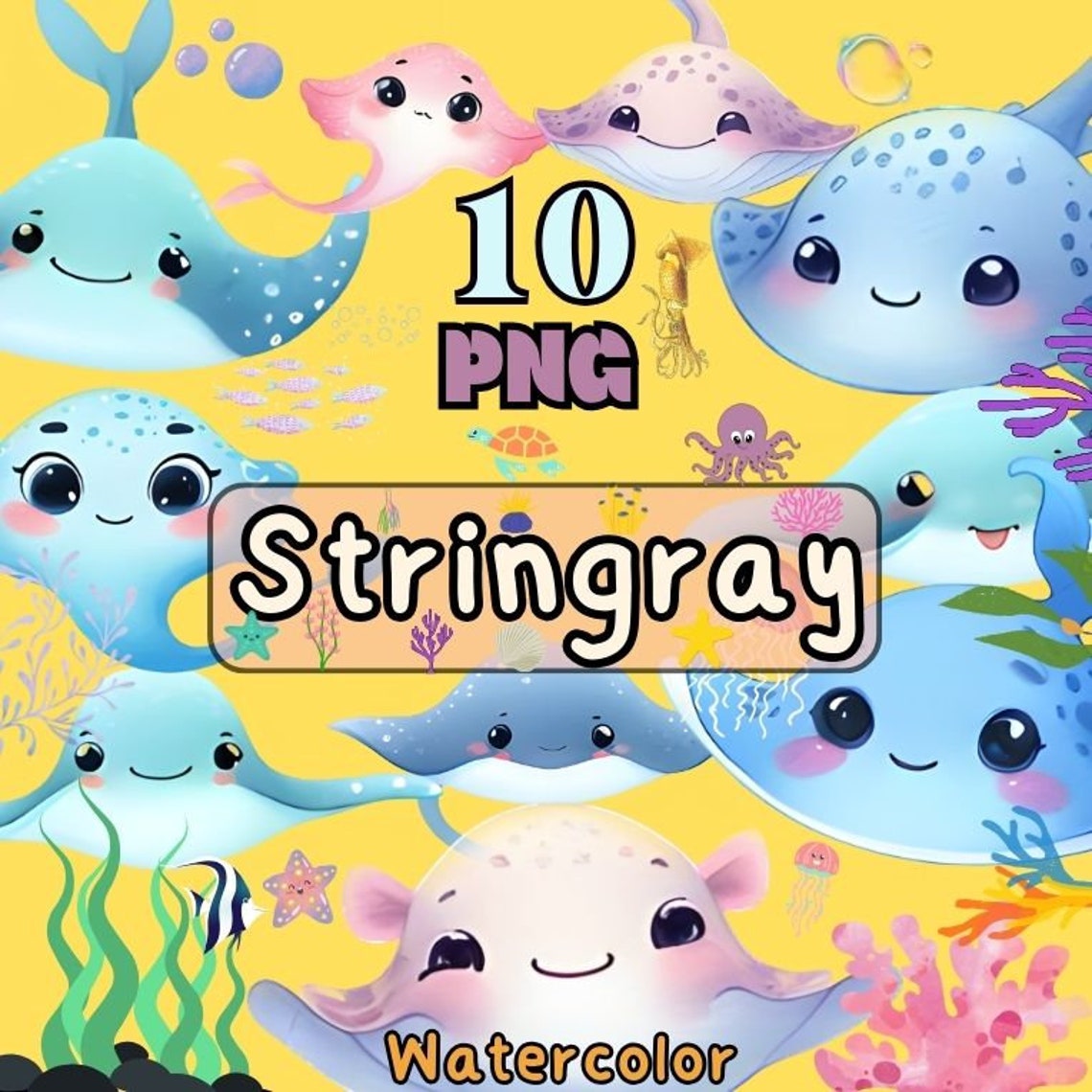 Set of 10 PNG Watercolor Cute Stingray Clipart - Etsy