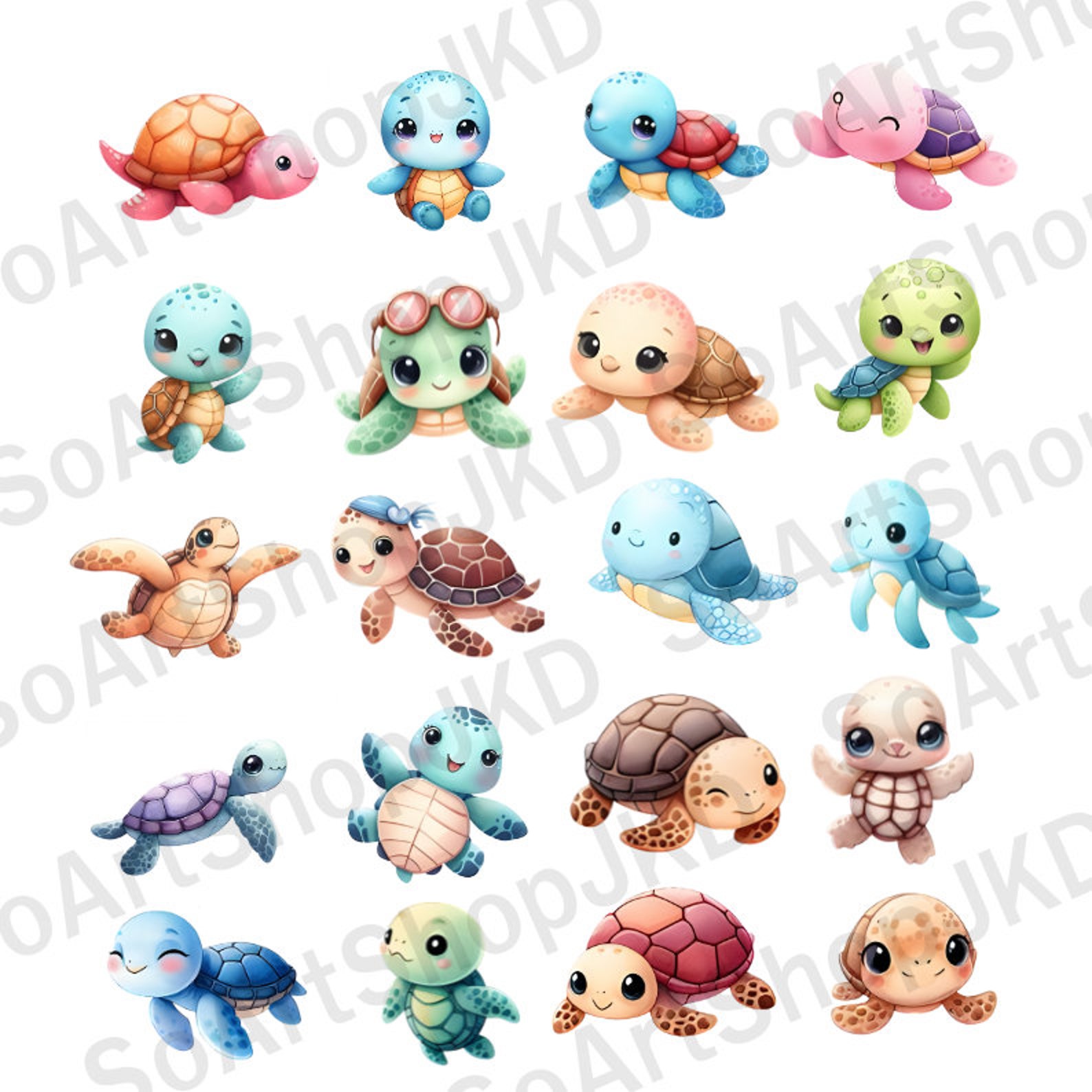 Cute Cartoon Sea Turtle Clipart Set - 20 PNG Files With Transparent ...