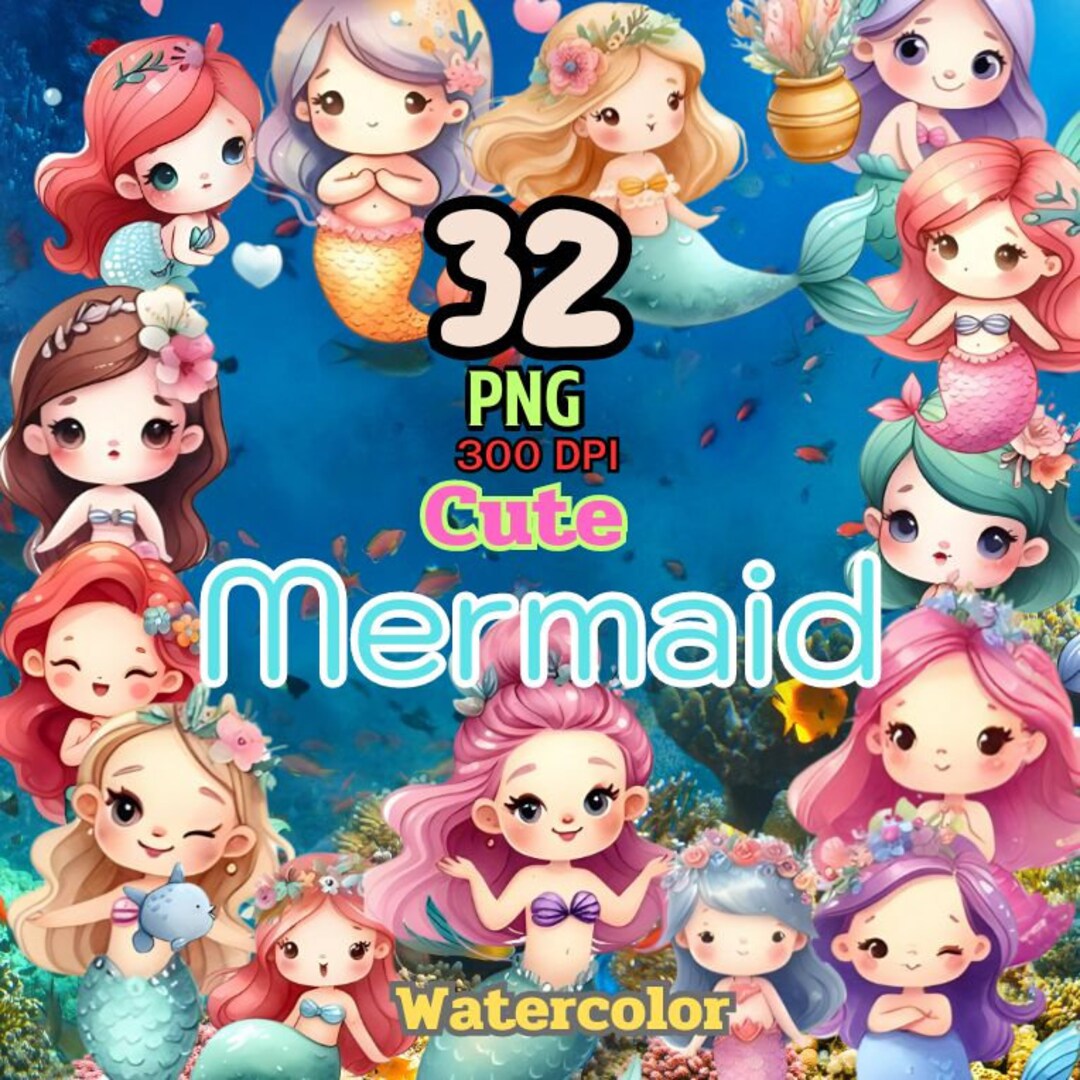 Whimsical Mermaid Clipart Set: Dive Into Charm With Adorable Underwater ...