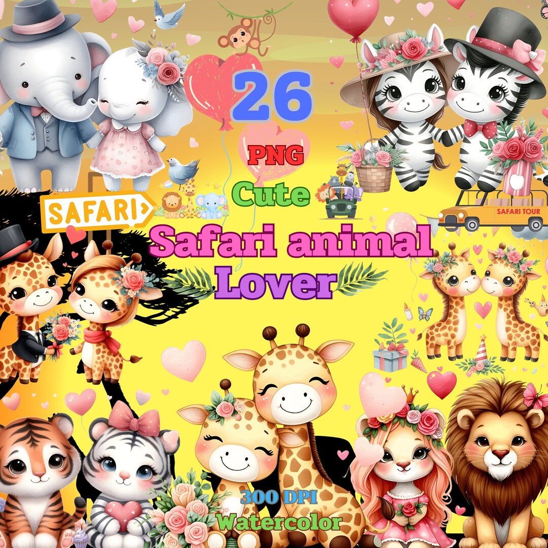 Safari Animal Couple Clipart: 26 PNG Wildlife Illustrations (digital ...