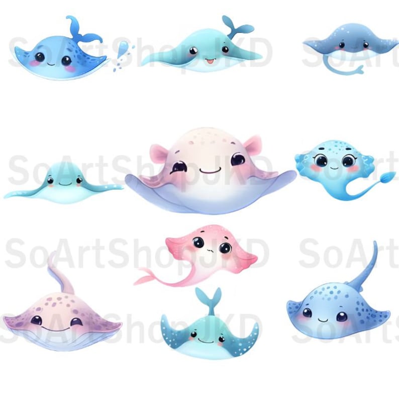 Set of 10 PNG Watercolor Cute Stingray Clipart - Etsy