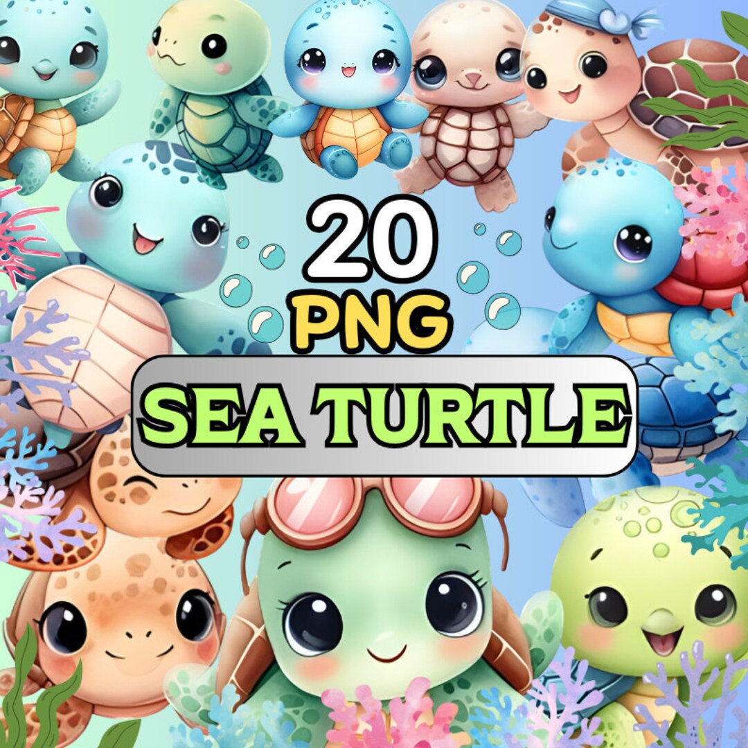 Cute Cartoon Sea Turtle Clipart Set - 20 PNG Files With Transparent ...