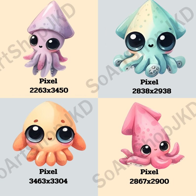 Cute Squid Watercolor PNG Set - 12 High-resolution Clipart Images for ...