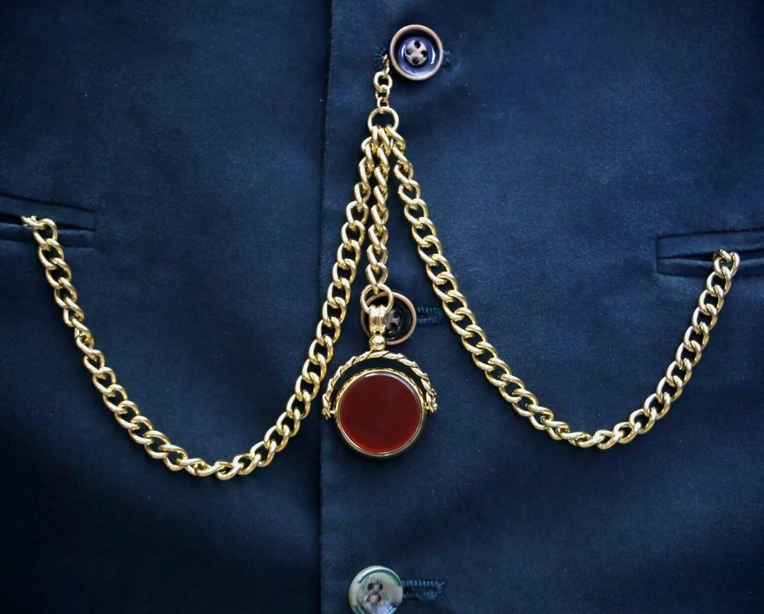 18ct Gold Plated Pocket Watch Double Albert Chain With Red Onyx Spinner ...