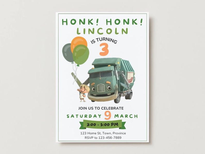 Editable Trash Truck Birthday Party Invitation - Etsy