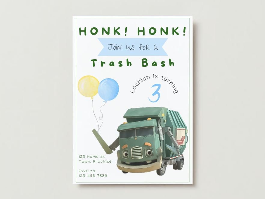 Trash Truck Birthday Party Invitation - Etsy