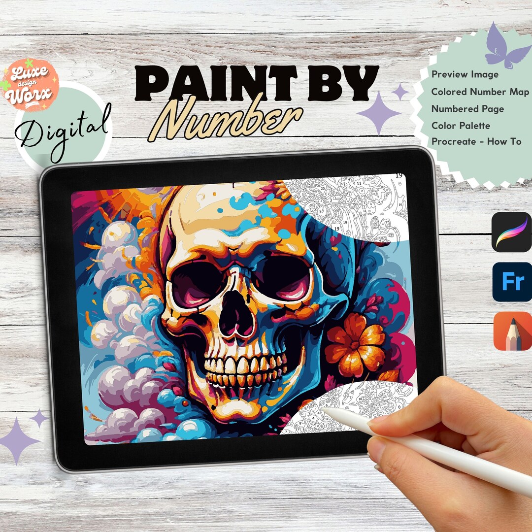 Paint by Numbers Skull Face Floral Digital | Gothic Skull Color by ...