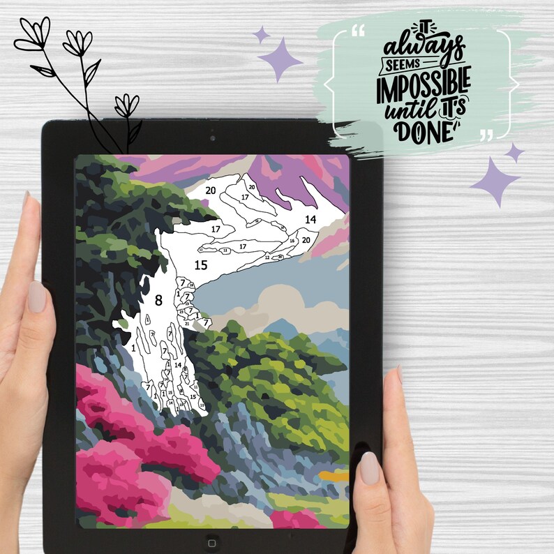 Fantasy Mountain Sunset Digital Paint by Number, Bright Forest ...