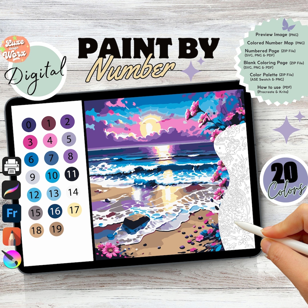 Paint by Numbers Ocean Beach Sunset Digital | Floral Nature Color by ...