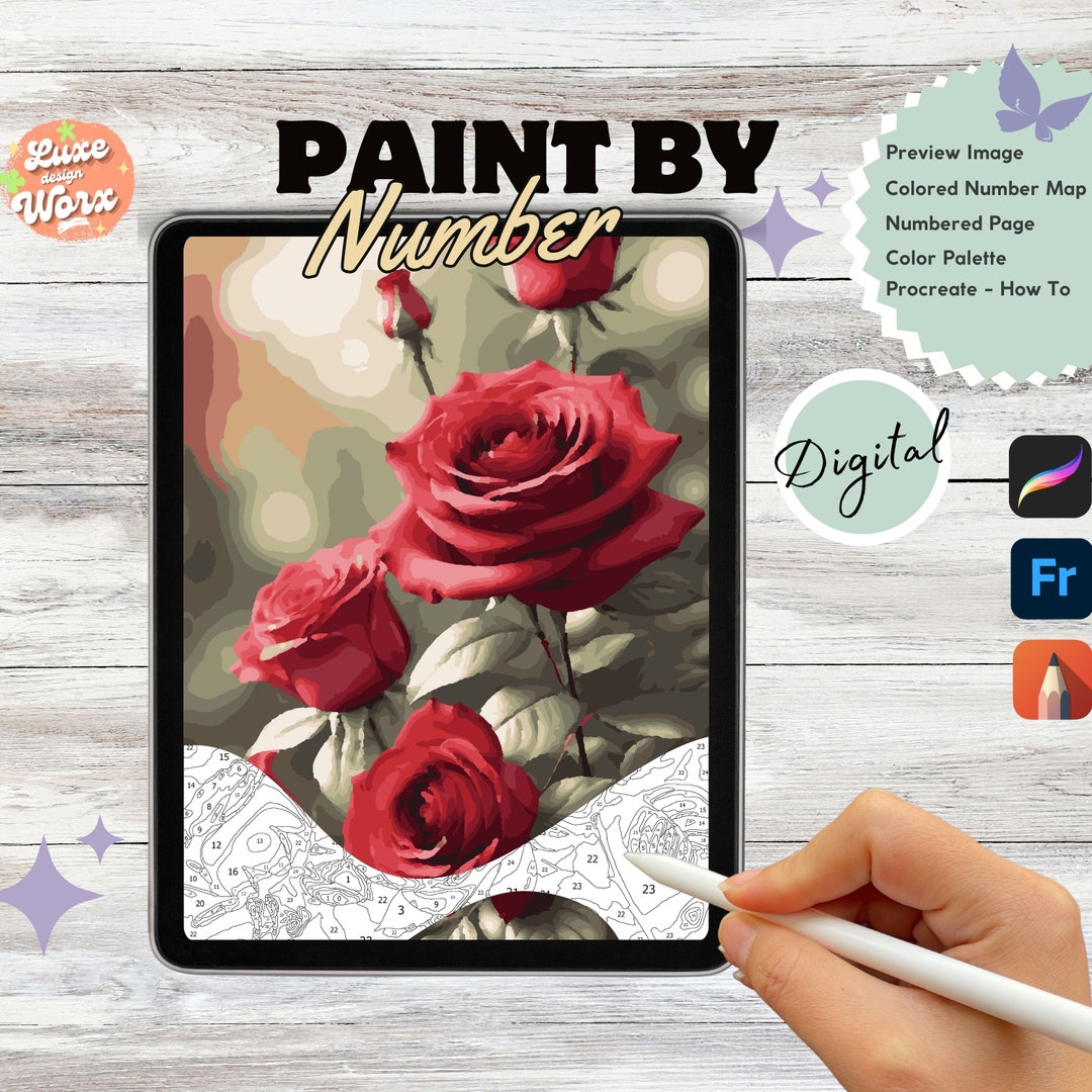 Paint by Numbers Red Rose Flower Digital | Printable Floral Color by ...