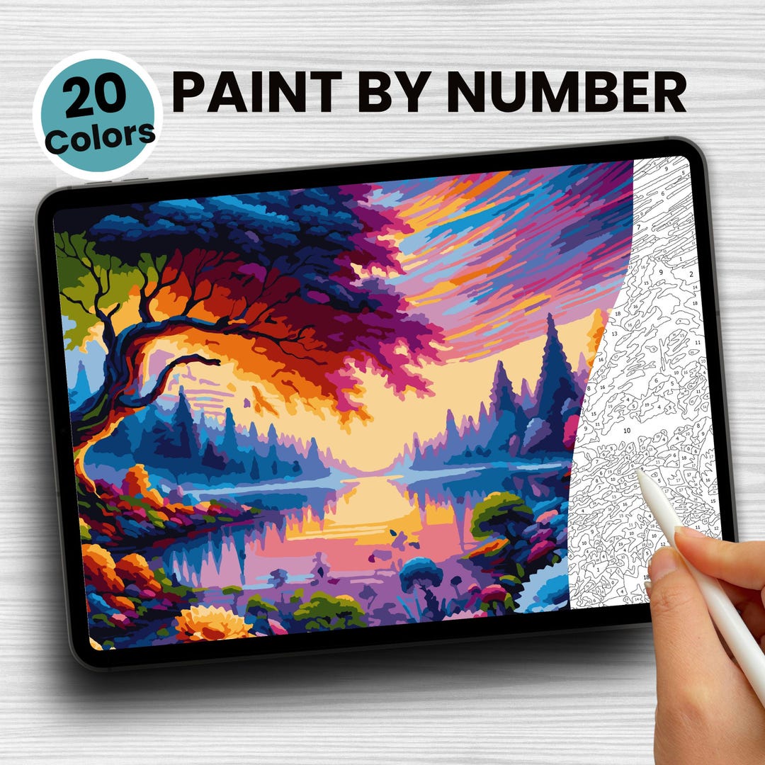 Lake Sunset Digital Paint by Number, Forest Landscape DIY Color by ...