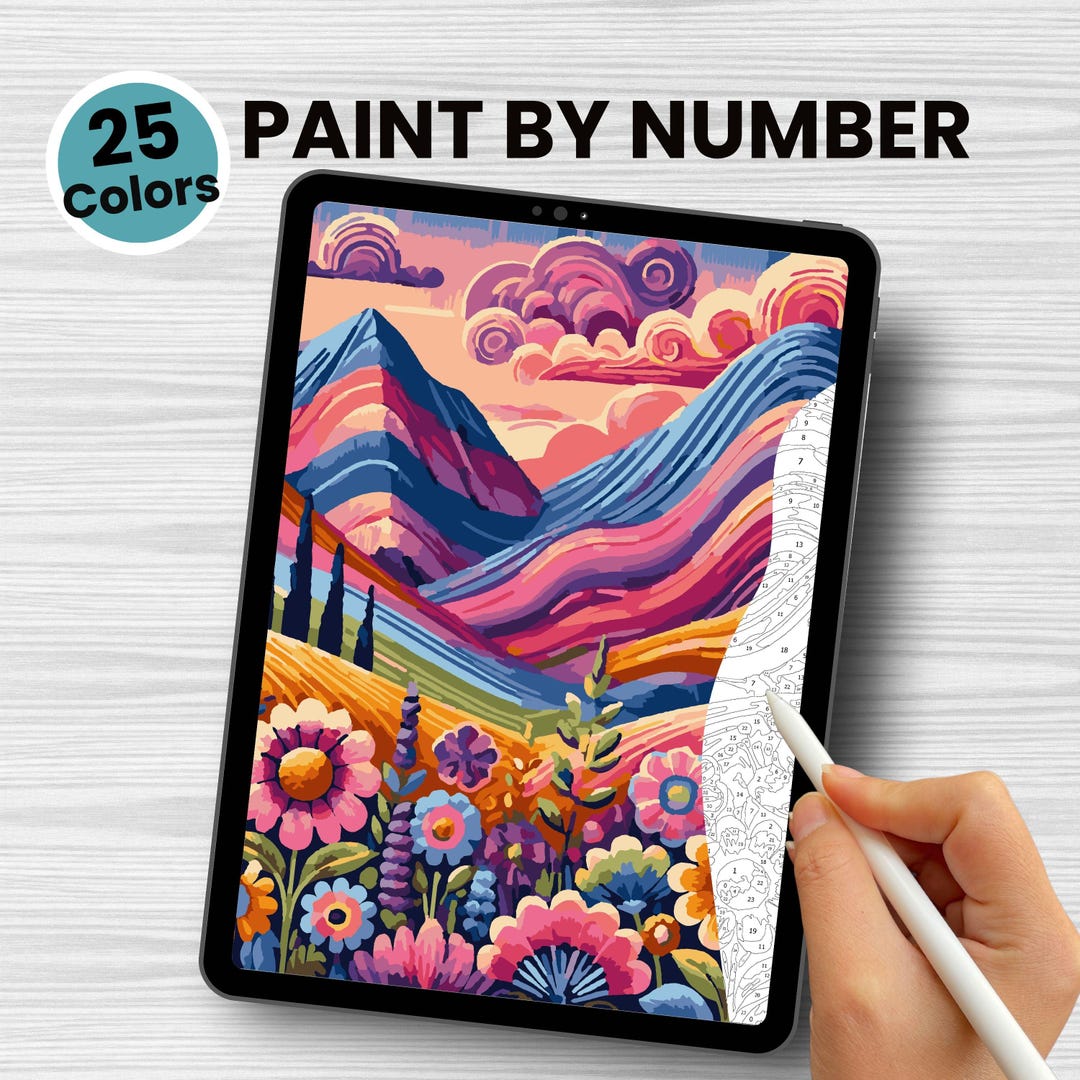 Floral Mountainscape Scene Digital Paint by Number, Sunset Landscape ...
