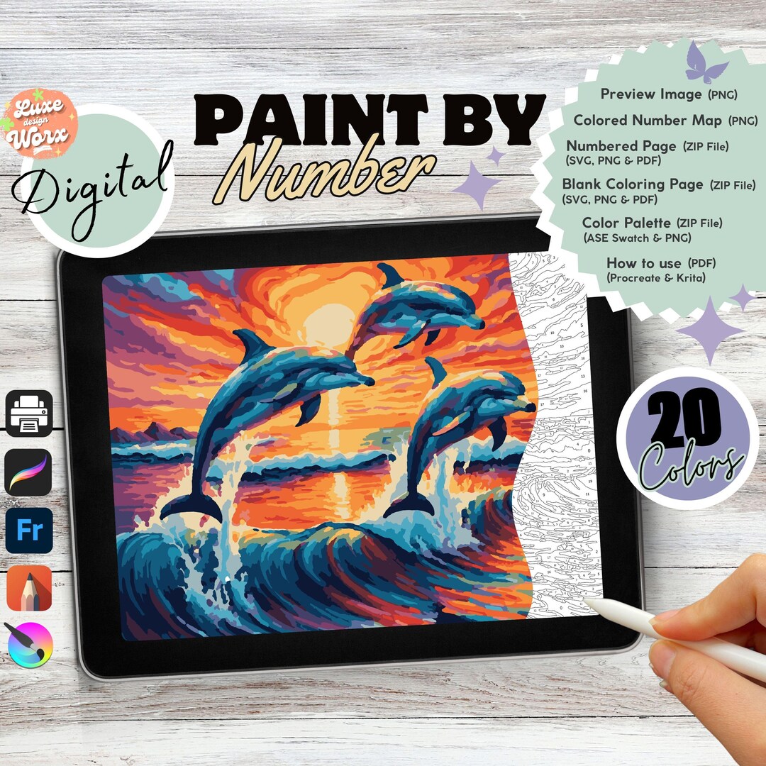Paint by Numbers Dolphin Ocean Sunset Digital | Oceanscape Color by ...