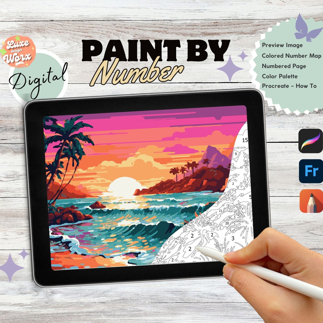 Paint by Numbers Ocean Scene Digital | Printable Sunset Beach Color by ...