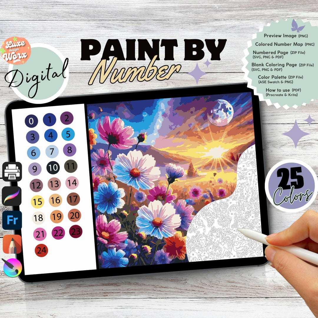 Paint by Numbers Flowermeadow Mountainscape Digital | Nature Sunset ...