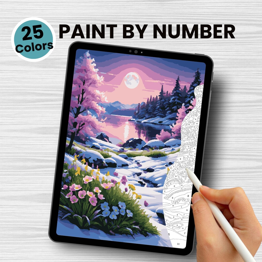 Winter Forest Lake Digital Paint by Number, Moonlight Sky and ...