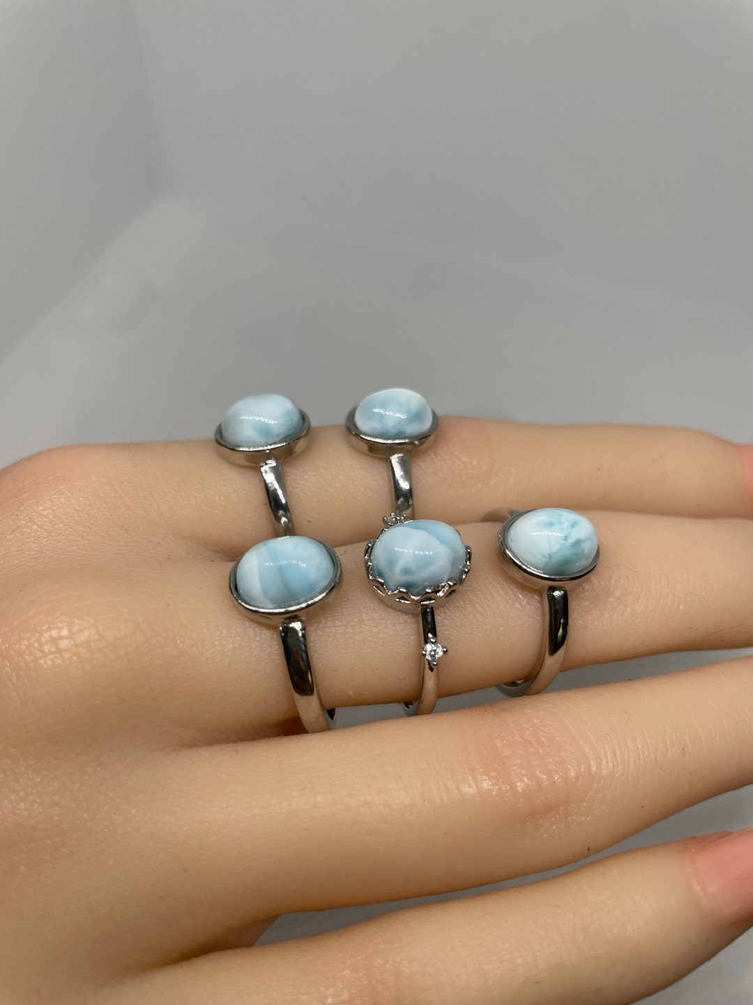 Natural Adjustable Larimar Oval Ring, Natural Crystal Gemstone Stone ...