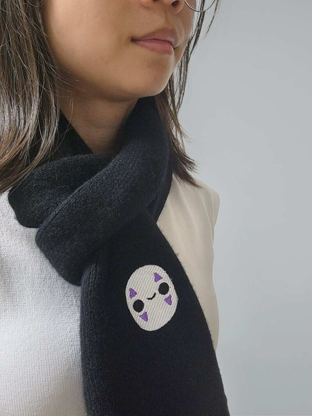 No Face Spirited Away Embroidered Kawaii Black Wool Scarf - Etsy