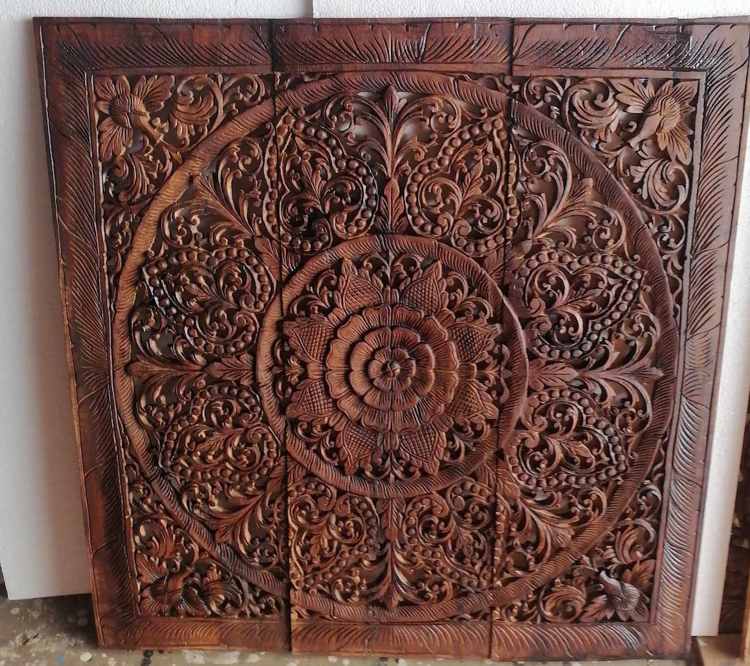 Mandala Wood Carved Panel Square Wooden Carved Plaque Wall Art Decor ...
