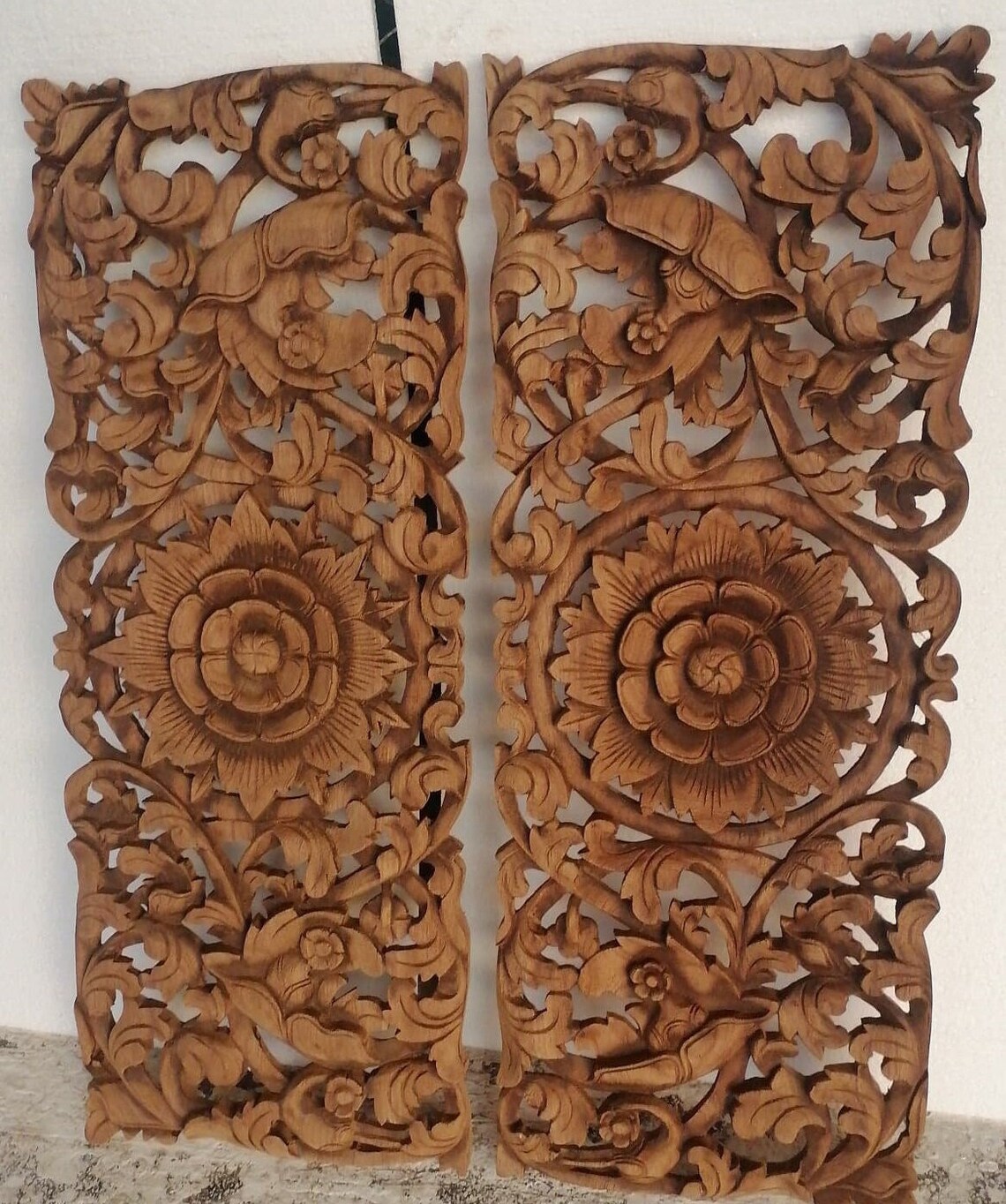 2 Pcs Extra Thickness Lotus Wood Carving Panel 14 X 36 Inches Wall Aer ...