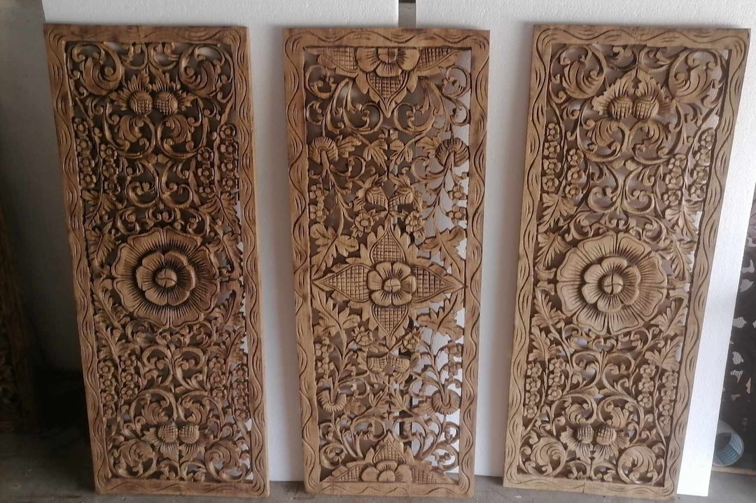 3 Pcs Wood Carving Panel 14 X 36 Inches Wall Art Hanging Asian Art ...