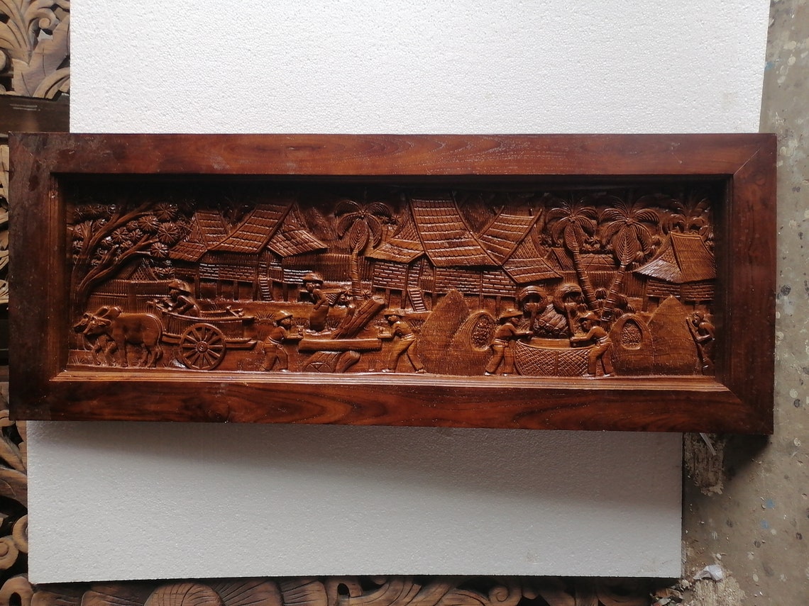 Wood Carving Panel 40 X 130 Cm Thai Village Life Wood Carving Panel ...