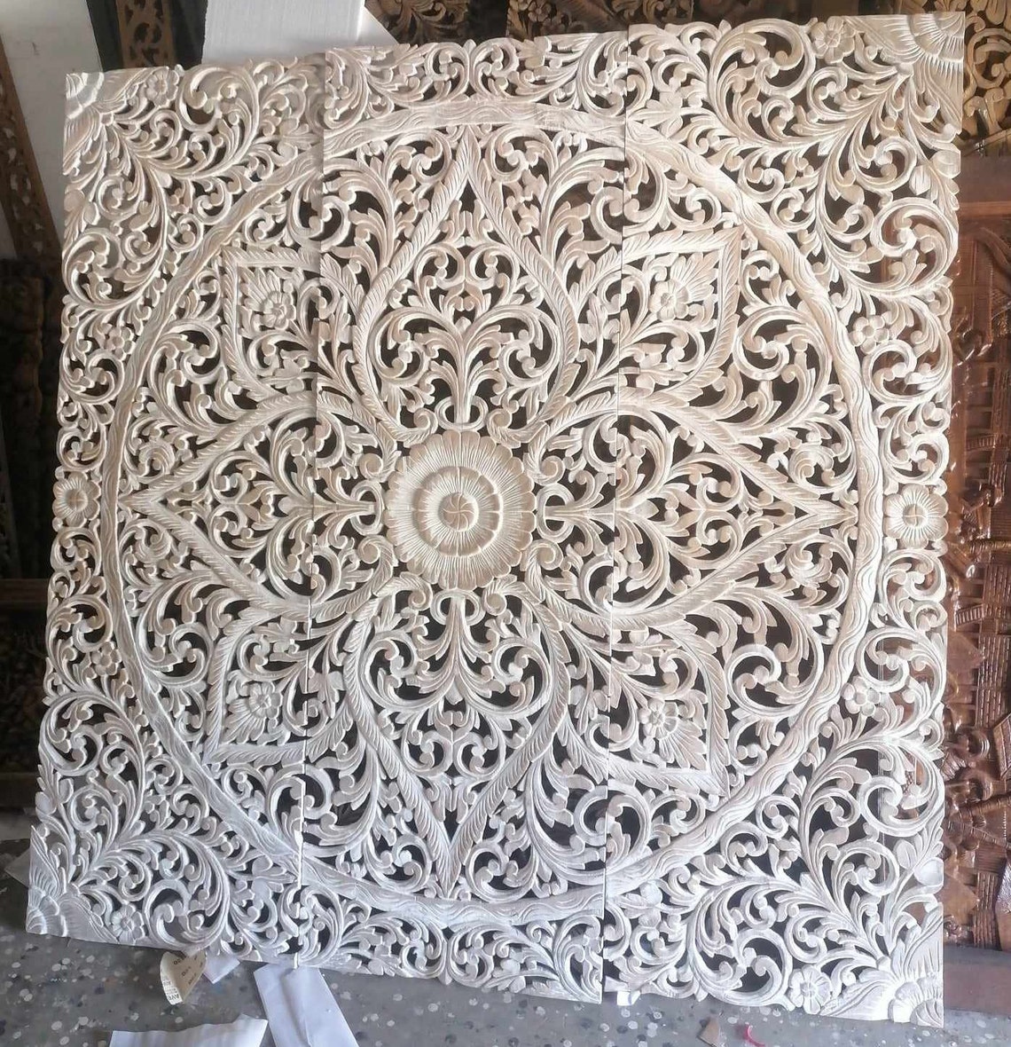Wood Carving White Wash Mandala Headboard Queen Wall Art Panel 150 X ...