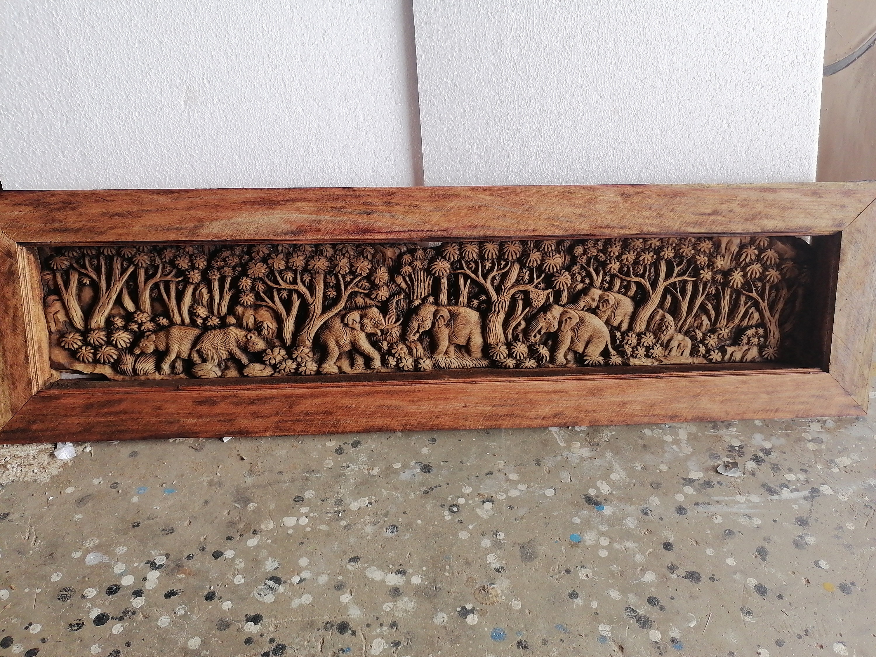 Natural Color Thai Elephant and Forest Wood Carving Panel - Handcrafted ...