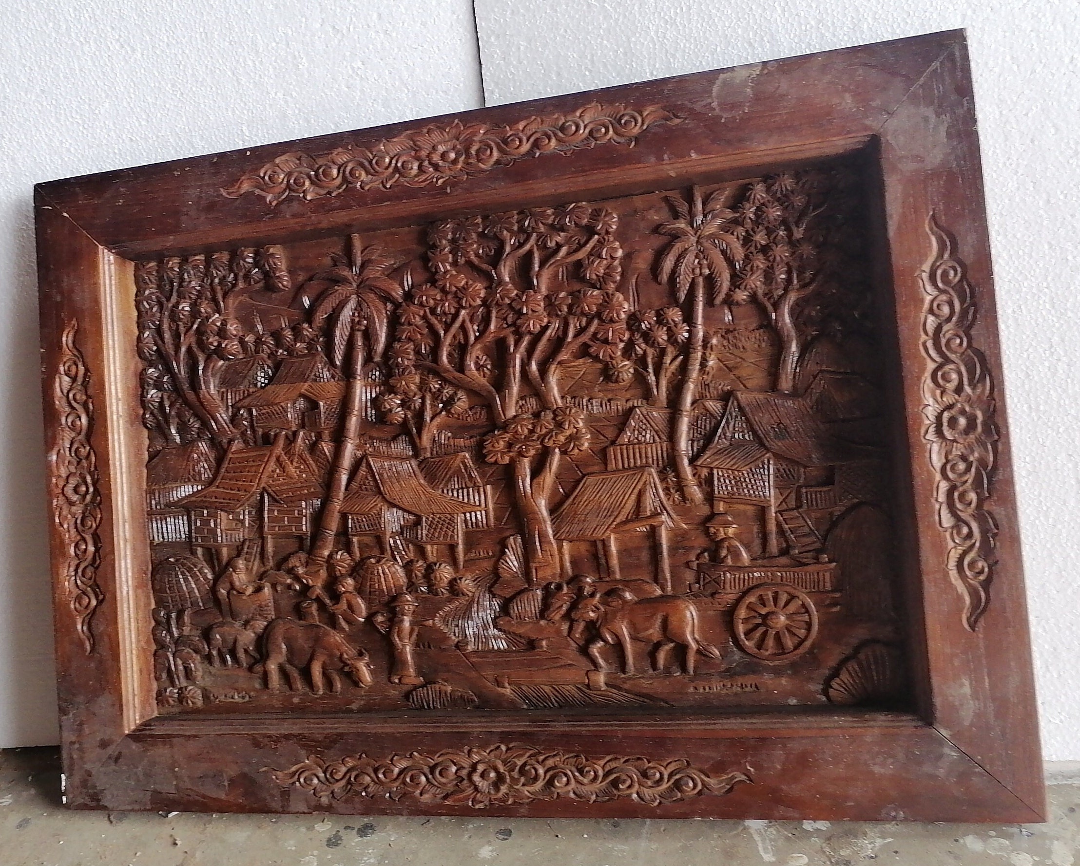 Thai Village Life Wood Carving Panel Handcrafted Cultural Wall Art Wall ...