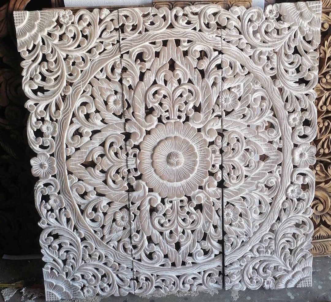 White Wash Wood Carving Panel Lotus Wood Carved Plaque 90 X 90 Cm ...