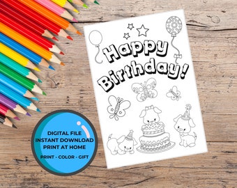 Happy Birthday Coloring Card, Printable Coloring Birthday Card, Cute ...