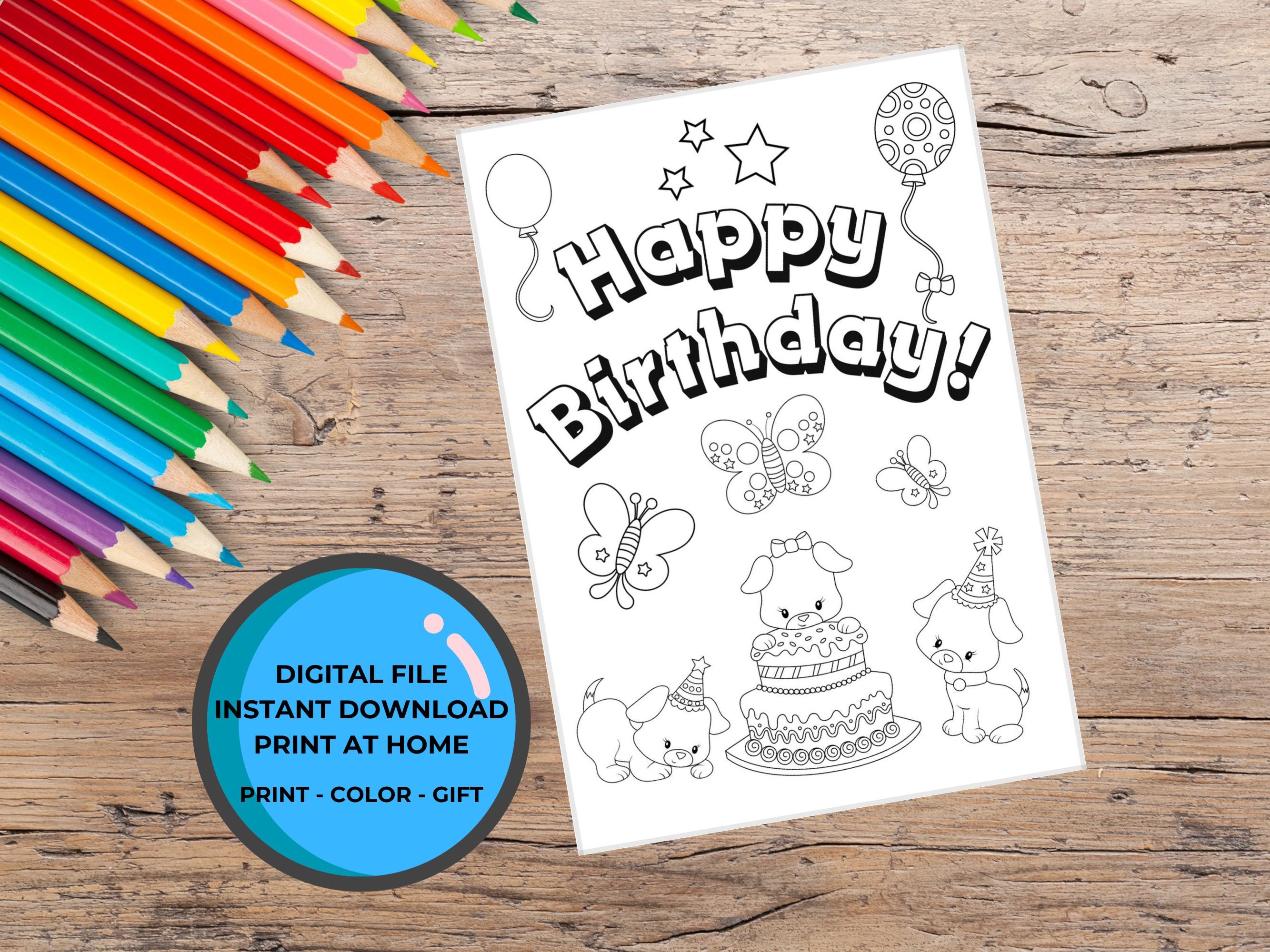 Printable Coloring Happy Birthday Card With Cute Dogs - Etsy