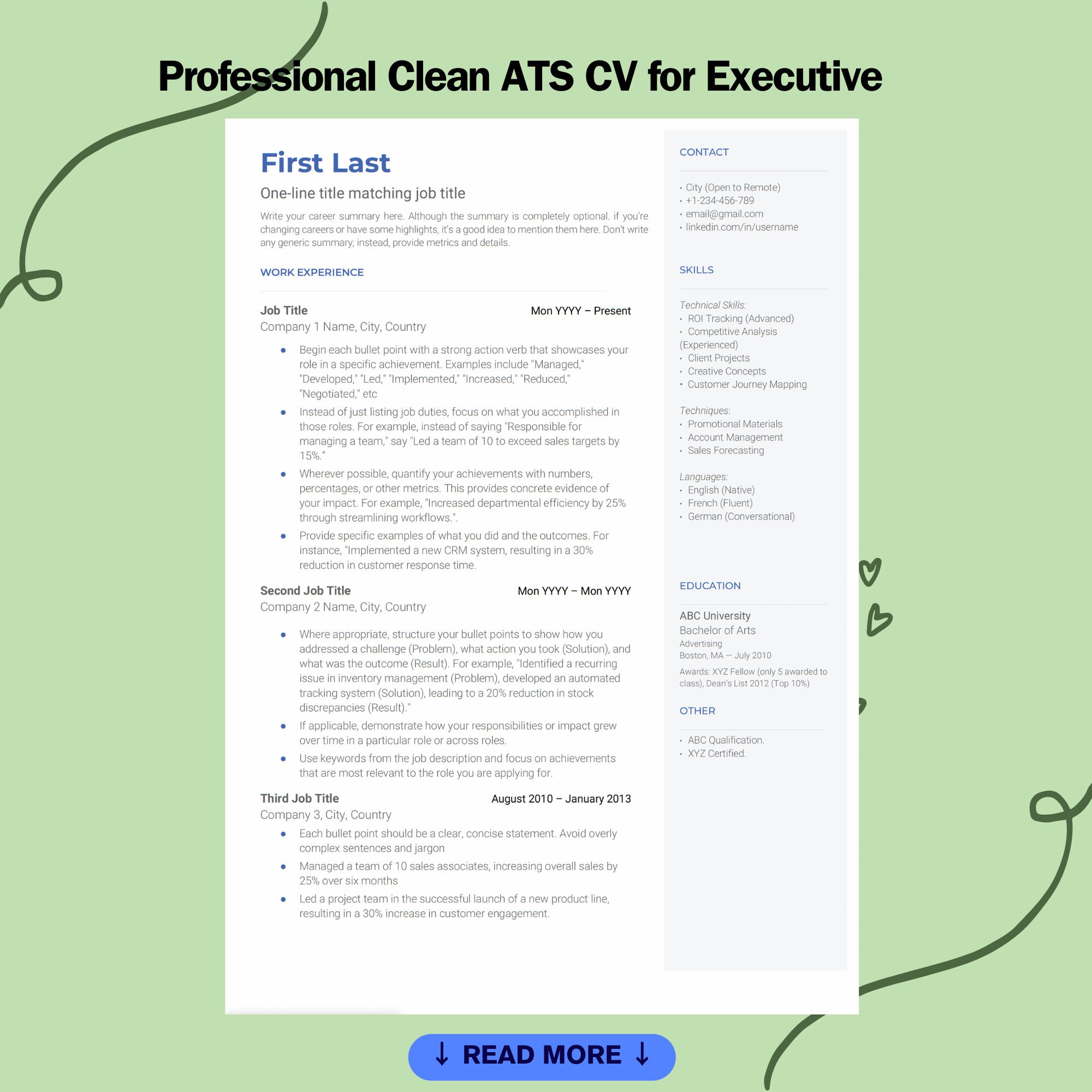 Executive and Professional Clean ATS Resume/cv Template With - Etsy