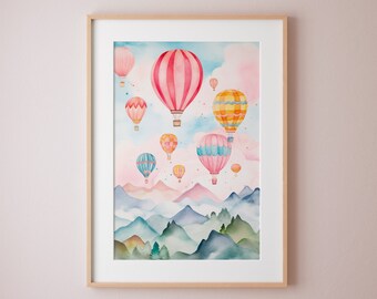 Hot Air Balloons Print, Watercolor Print, Cute Nursery Print, Kids Baby ...