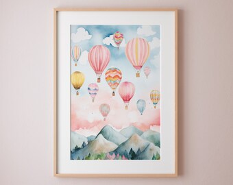 Hot Air Balloons Print, Watercolor Print, Cute Nursery Print, Kids Baby ...