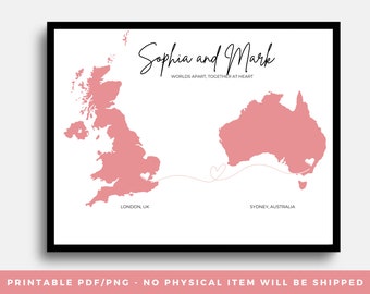 Custom Love Map Printable, Long Distance Relationship Map, Long ...