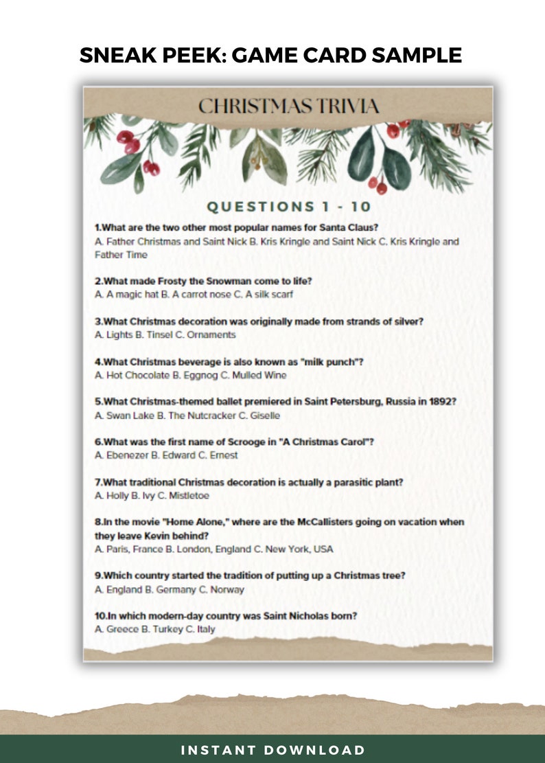 Christmas Trivia Quiz printable Game Family Holiday Quiz With Answers ...