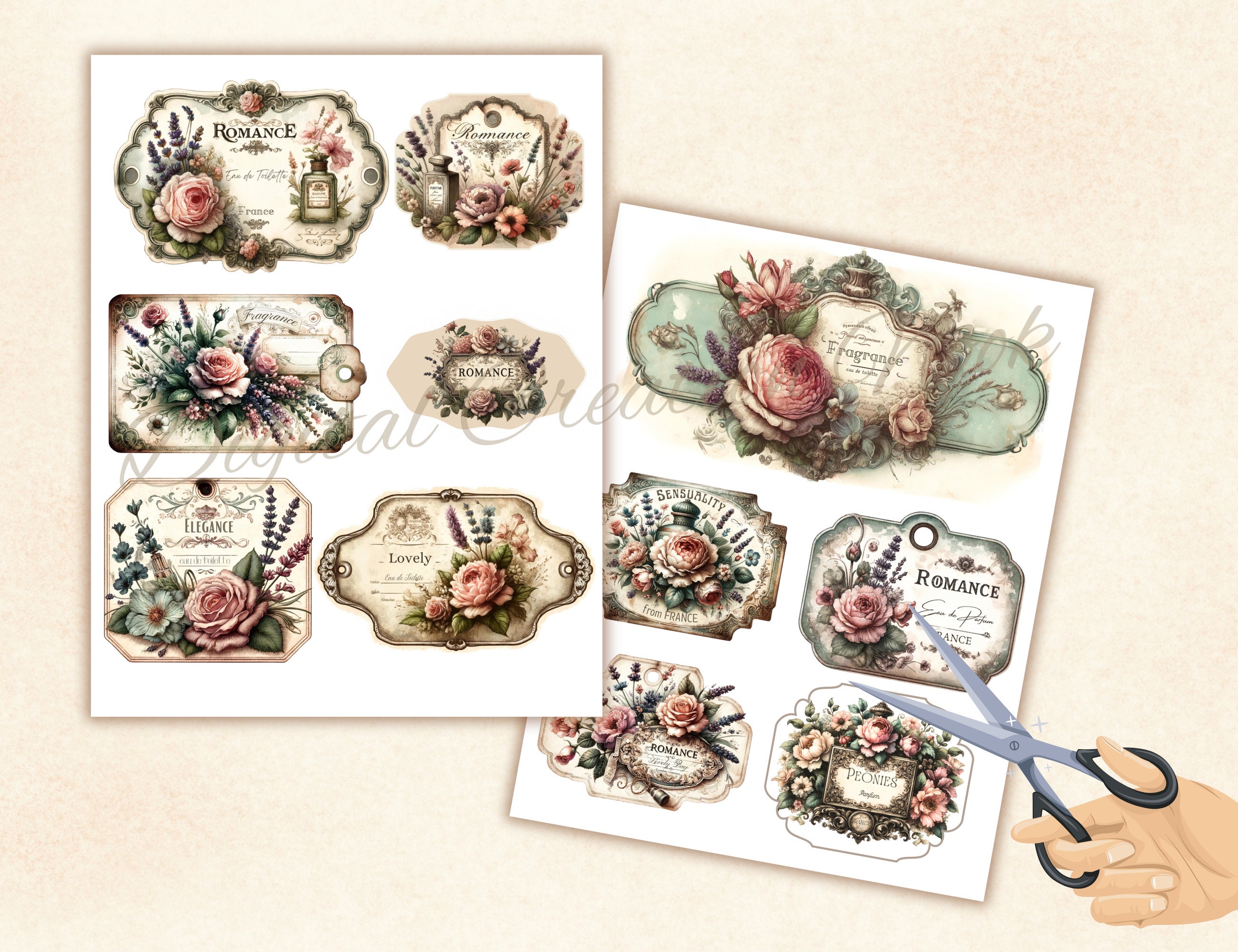Shabby Chic Perfume Labels and Tags for Junk Journal, Flowering Vintage ...
