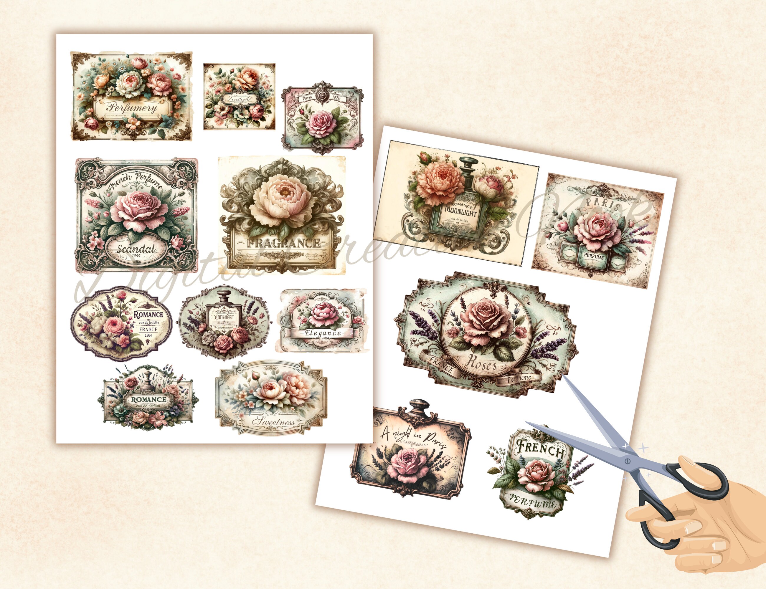Shabby Chic Perfume Labels and Tags for Junk Journal, Flowering Vintage ...