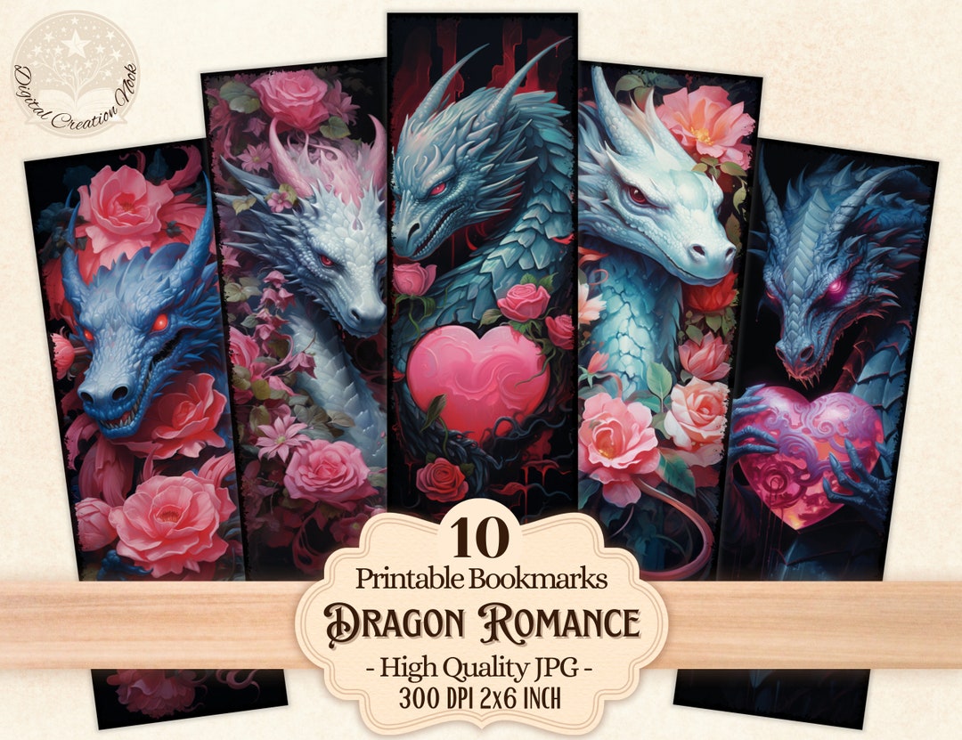 Dragon Romance Printable Bookmarks for Book Lovers, Floral Romantic ...