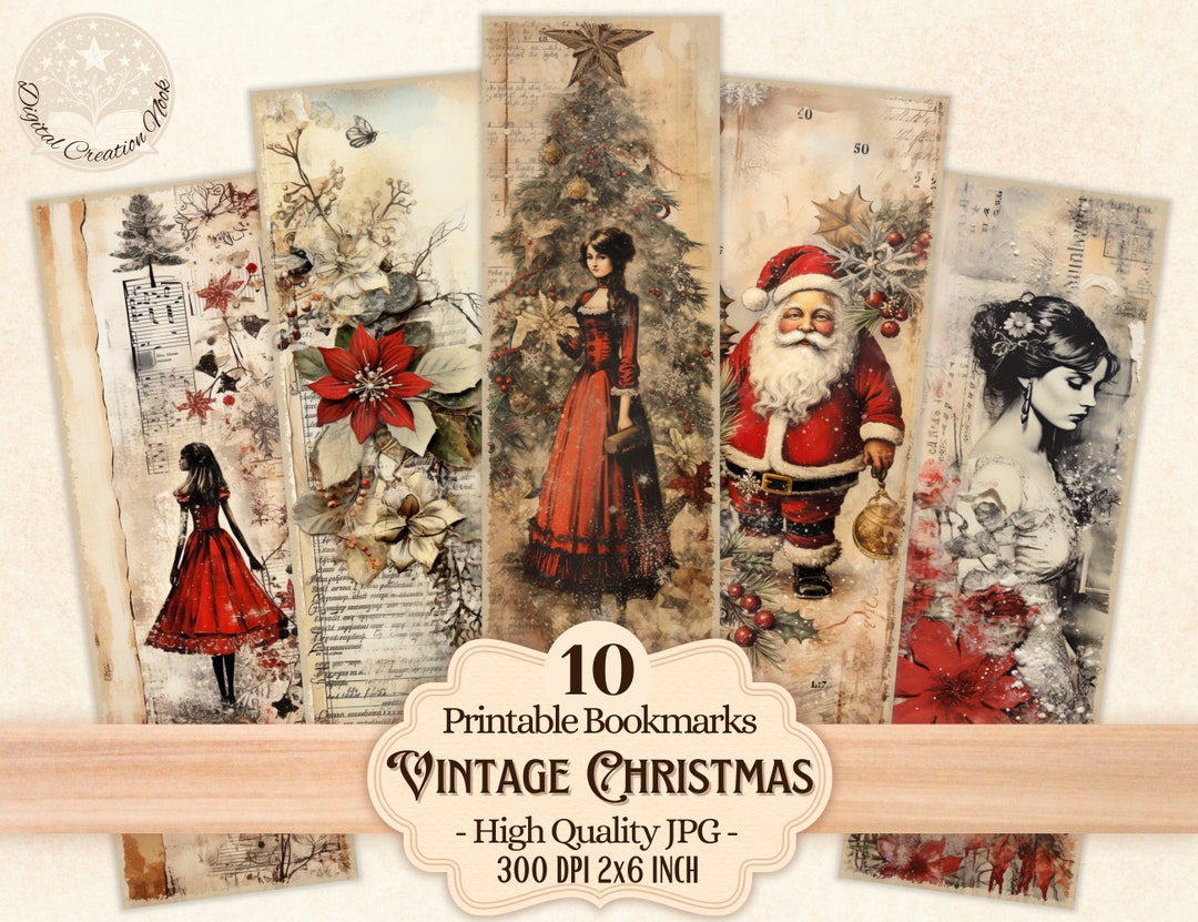 Vintage Christmas Printable Bookmarks for Book Lovers, Grunge Festive ...