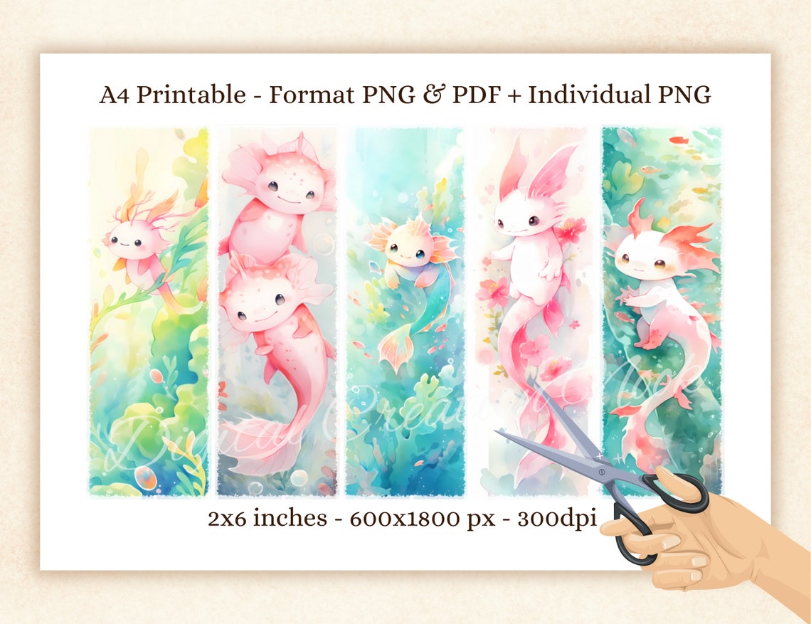 Cute Axolotls Printable Bookmarks for Book Lovers, Adorable Sea Animals ...