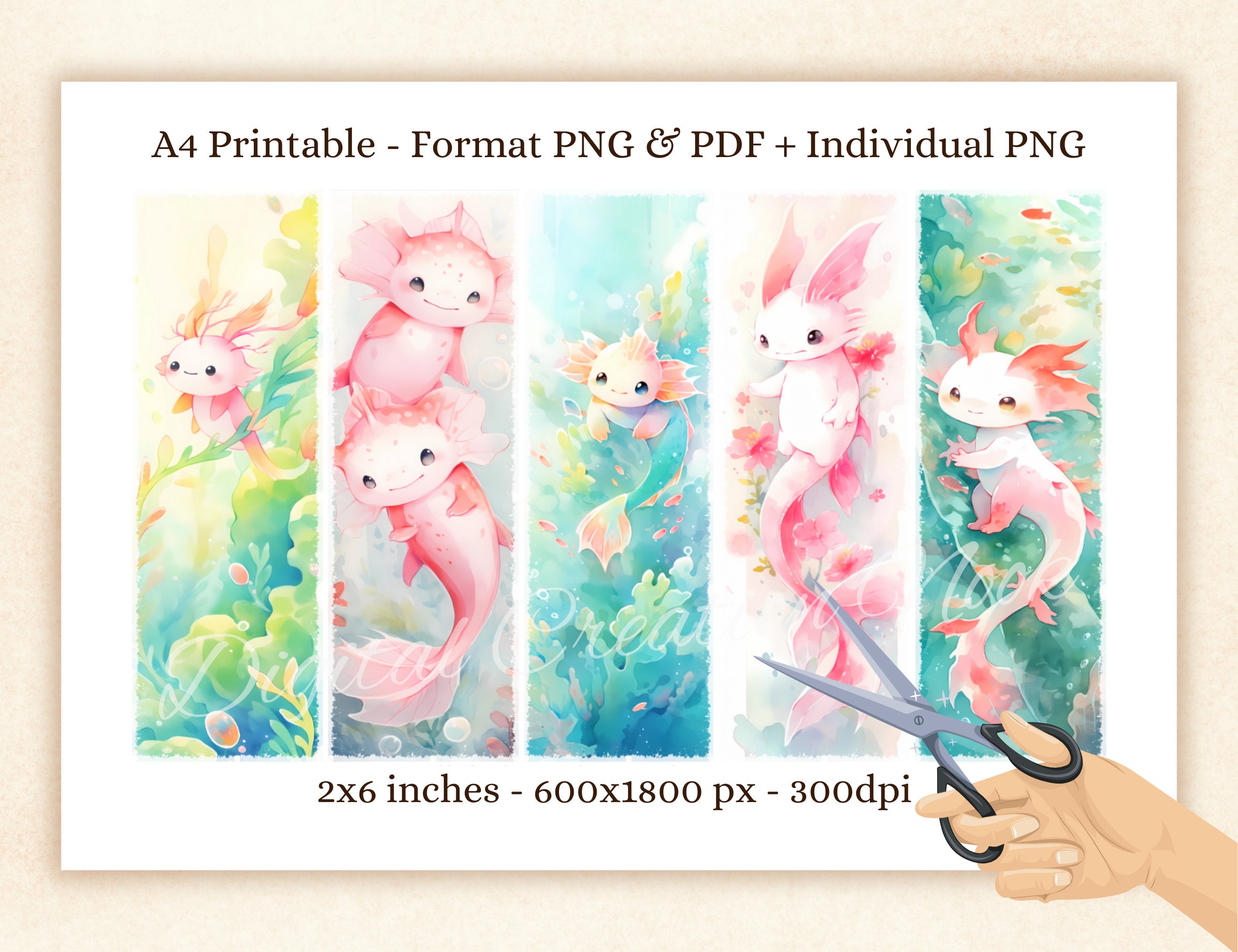 Cute Axolotls Printable Bookmarks for Book Lovers, Adorable Sea Animals ...